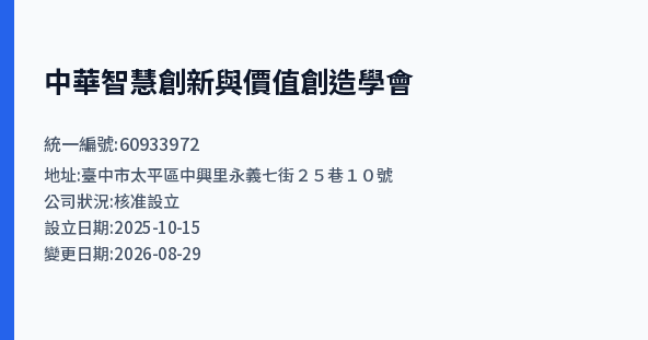 中華智慧創新與價值創造學會的照片-統編 60933972 公司登記資料與營業項目詳細圖表