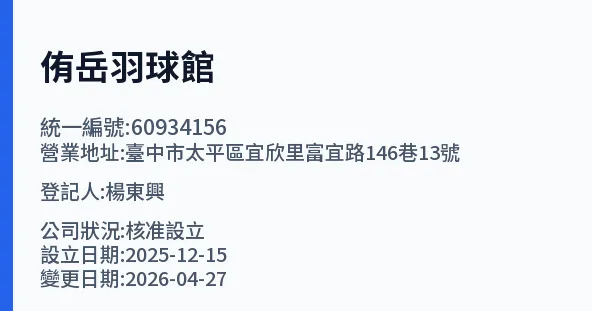侑岳羽球館的照片-統編 60934156(臺中市) 公司登記資料與營業項目詳細圖表