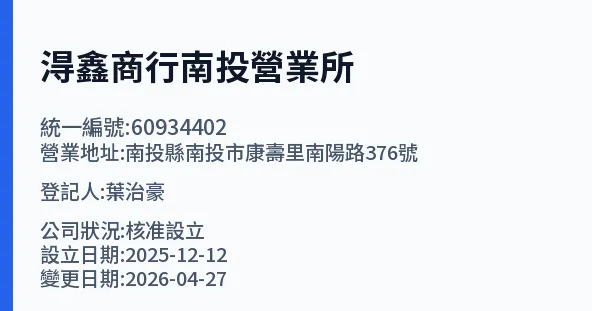 淂鑫商行南投營業所的照片-統編 60934402(南投縣) 公司登記資料與營業項目詳細圖表