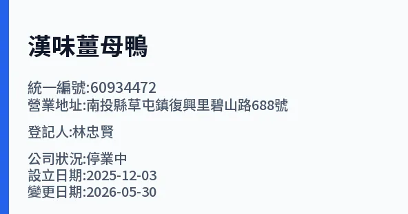 漢味薑母鴨的照片-統編 60934472(南投縣) 公司登記資料與營業項目詳細圖表