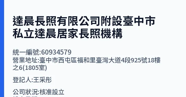 達晨長照有限公司附設臺中市私立達晨居家長照機構的照片-統編 60934579(臺中市) 公司登記資料與營業項目詳細圖表