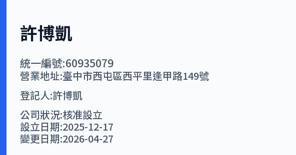 許博凱的照片-統編 60935079(臺中市) 公司登記資料與營業項目詳細圖表