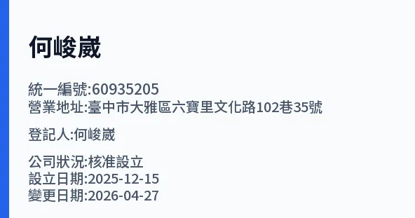 何峻崴的照片-統編 60935205(臺中市) 公司登記資料與營業項目詳細圖表
