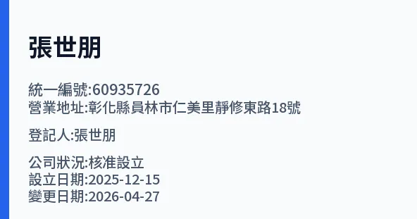張世朋的照片-統編 60935726(彰化縣) 公司登記資料與營業項目詳細圖表