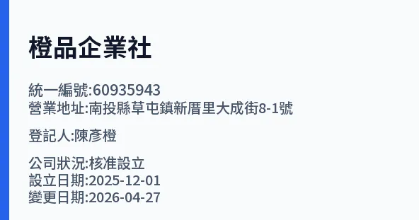 橙品企業社的照片-統編 60935943(南投縣) 公司登記資料與營業項目詳細圖表