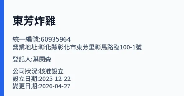 東芳炸雞的照片-統編 60935964(彰化縣) 公司登記資料與營業項目詳細圖表