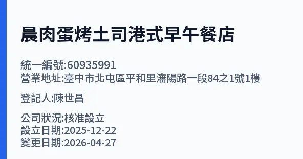 晨肉蛋烤土司港式早午餐店的照片-統編 60935991(臺中市) 公司登記資料與營業項目詳細圖表