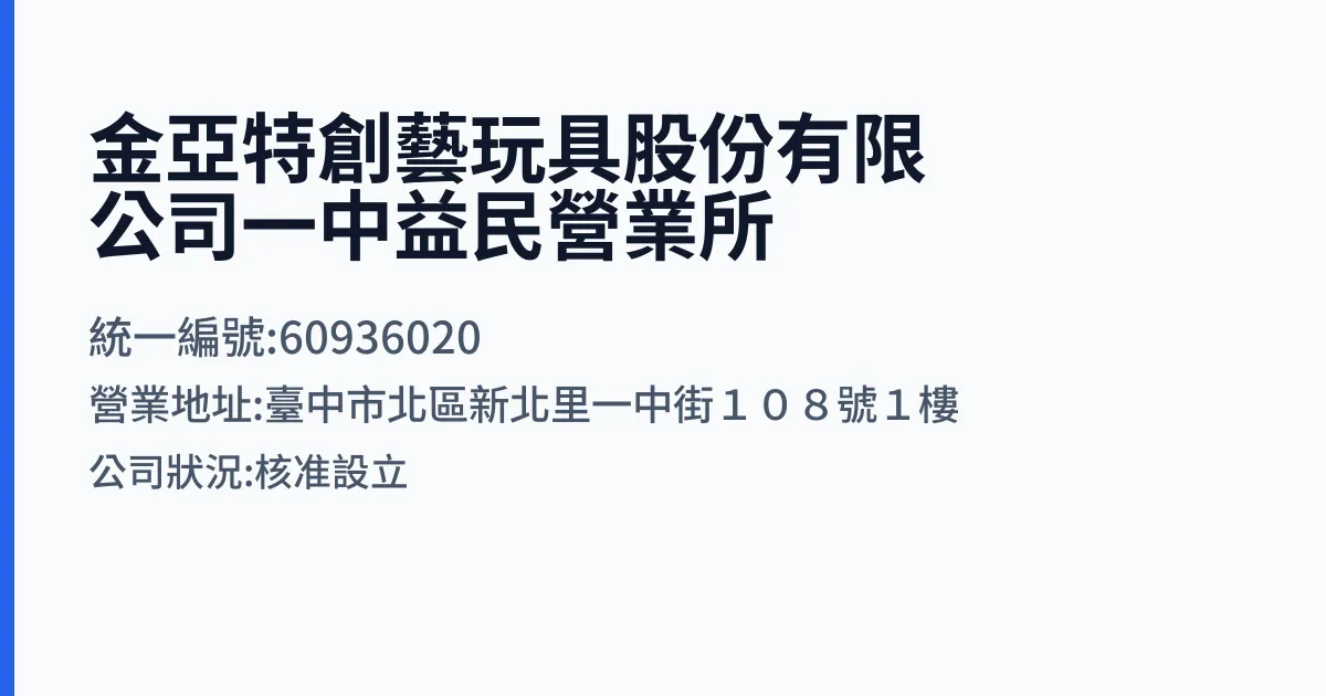 金亞特創藝玩具股份有限公司一中益民營業所 - 統編 60936020（臺中市） 公司登記資料與營業項目詳細圖表