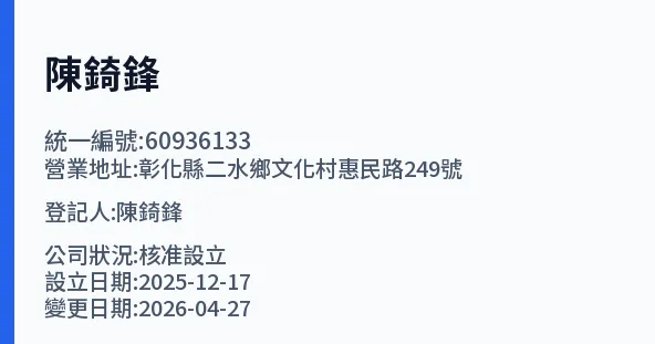 陳錡鋒的照片-統編 60936133(彰化縣) 公司登記資料與營業項目詳細圖表