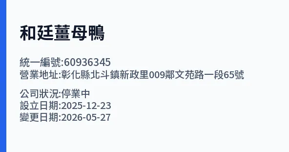 和廷薑母鴨的照片-統編 60936345(彰化縣) 公司登記資料與營業項目詳細圖表