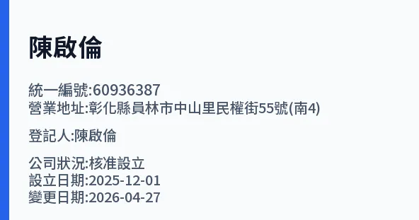 陳啟倫的照片-統編 60936387(彰化縣) 公司登記資料與營業項目詳細圖表