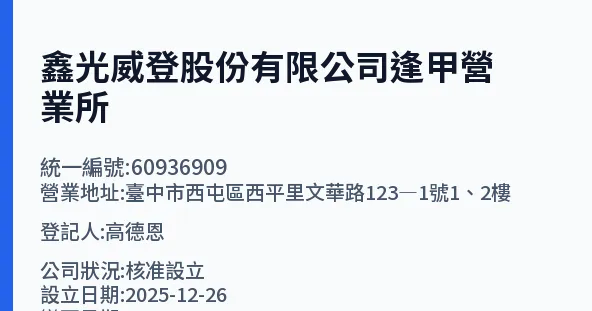 鑫光威登股份有限公司逢甲營業所的照片-統編 60936909(臺中市) 公司登記資料與營業項目詳細圖表