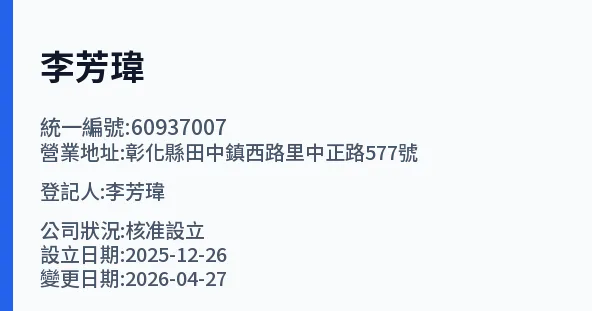 李芳瑋的照片-統編 60937007(彰化縣) 公司登記資料與營業項目詳細圖表