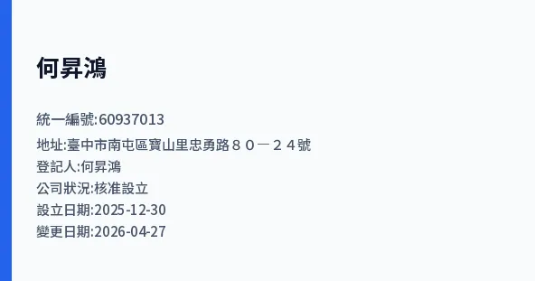 何昇鴻的照片-統編 60937013(臺中市) 公司登記資料與營業項目詳細圖表