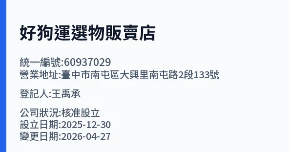 好狗運選物販賣店的照片-統編 60937029(臺中市) 公司登記資料與營業項目詳細圖表