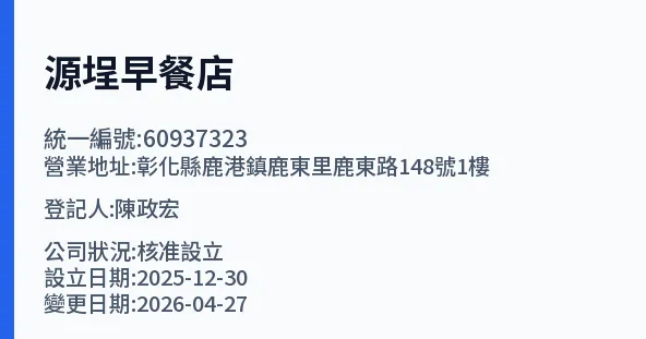 源埕早餐店的照片-統編 60937323(彰化縣) 公司登記資料與營業項目詳細圖表