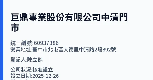 巨鼎事業股份有限公司中清門市的照片-統編 60937386(臺中市) 公司登記資料與營業項目詳細圖表