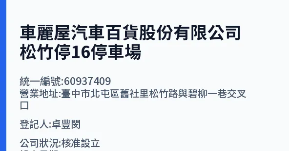 車麗屋汽車百貨股份有限公司松竹停16停車場的照片-統編 60937409(臺中市) 公司登記資料與營業項目詳細圖表