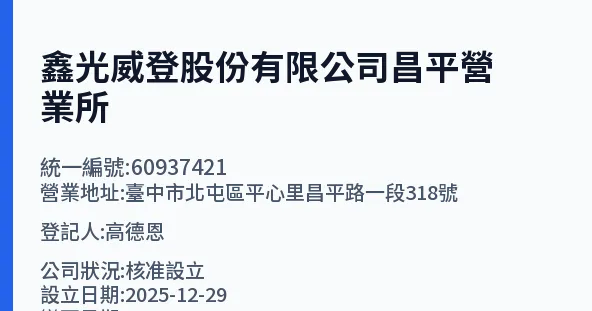 鑫光威登股份有限公司昌平營業所的照片-統編 60937421(臺中市) 公司登記資料與營業項目詳細圖表