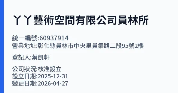 丫丫藝術空間有限公司員林所的照片-統編 60937914(彰化縣) 公司登記資料與營業項目詳細圖表