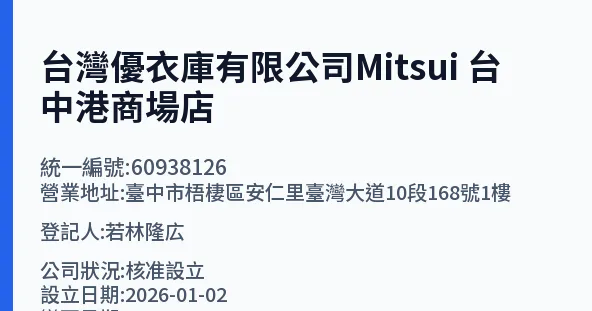 台灣優衣庫有限公司Mitsui 台中港商場店的照片-統編 60938126(臺中市) 公司登記資料與營業項目詳細圖表