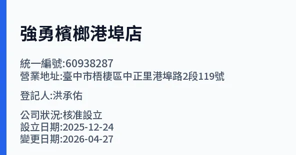 強勇檳榔港埠店的照片-統編 60938287(臺中市) 公司登記資料與營業項目詳細圖表
