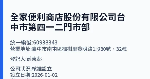 全家便利商店股份有限公司台中市第四一二門市部的照片-統編 60938343(臺中市) 公司登記資料與營業項目詳細圖表