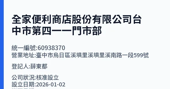 全家便利商店股份有限公司台中市第四一一門市部的照片-統編 60938370(臺中市) 公司登記資料與營業項目詳細圖表