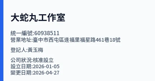 大蛇丸工作室的照片-統編 60938511(臺中市) 公司登記資料與營業項目詳細圖表