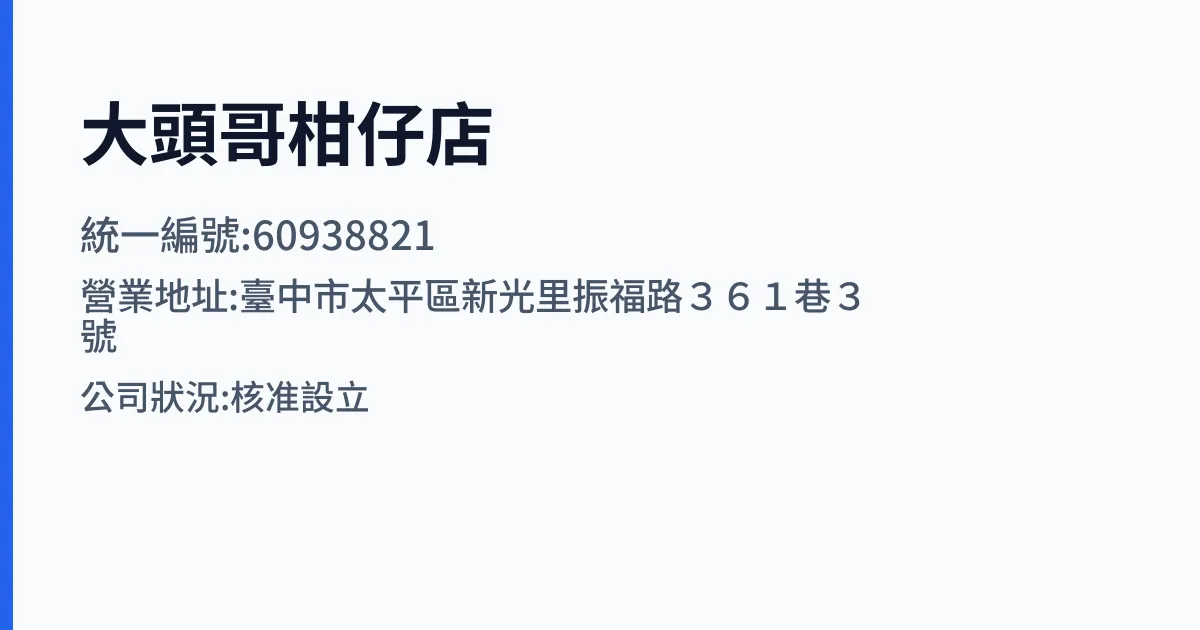 大頭哥柑仔店 - 統編 60938821(臺中市) 公司登記資料與營業項目詳細圖表
