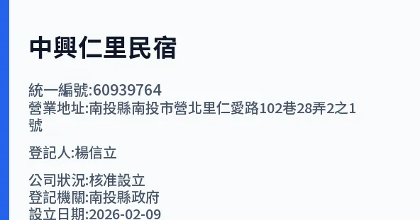 中興仁里民宿的照片-統編 60939764(南投縣) 公司登記資料與營業項目詳細圖表