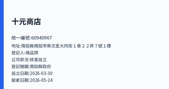 十元商店的照片-統編 60940967(南投縣) 公司登記資料與營業項目詳細圖表
