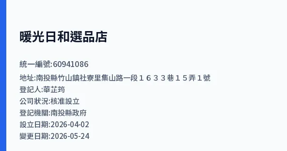 暖光日和選品店的照片-統編 60941086(南投縣) 公司登記資料與營業項目詳細圖表