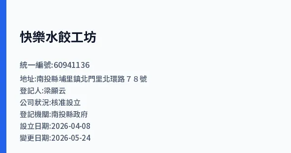 快樂水餃工坊的照片-統編 60941136(南投縣) 公司登記資料與營業項目詳細圖表