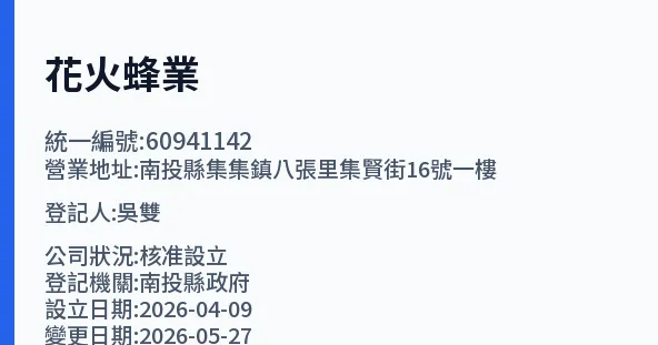 花火蜂業的照片-統編 60941142(南投縣) 公司登記資料與營業項目詳細圖表