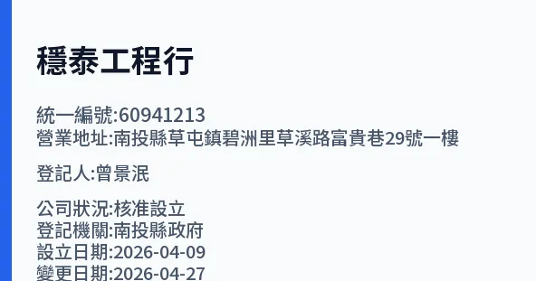 穩泰工程行的照片-統編 60941213(南投縣) 公司登記資料與營業項目詳細圖表