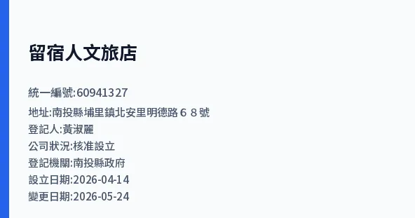 留宿人文旅店的照片-統編 60941327(南投縣) 公司登記資料與營業項目詳細圖表
