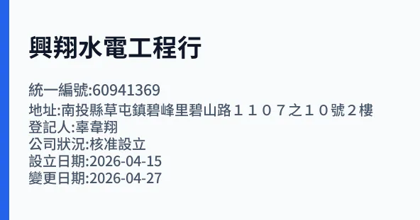 興翔水電工程行的照片-統編 60941369(南投縣) 公司登記資料與營業項目詳細圖表