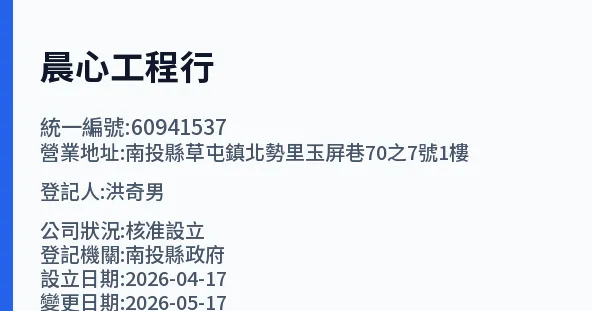 晨心工程行的照片-統編 60941537(南投縣) 公司登記資料與營業項目詳細圖表