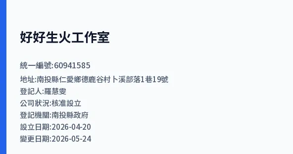 好好生火工作室的照片-統編 60941585(南投縣) 公司登記資料與營業項目詳細圖表