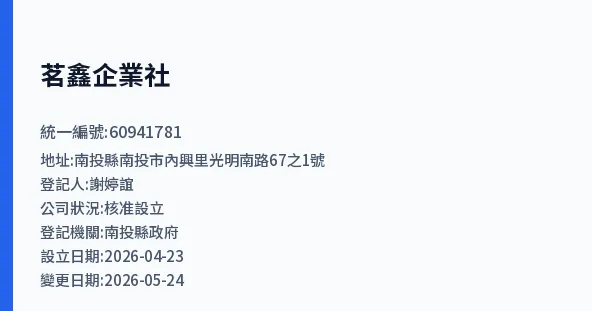 茗鑫企業社的照片-統編 60941781(南投縣) 公司登記資料與營業項目詳細圖表