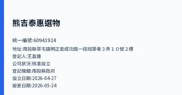 熊吉泰惠選物的照片-統編 60941924(南投縣) 公司登記資料與營業項目詳細圖表
