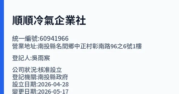 順順冷氣企業社的照片-統編 60941966(南投縣) 公司登記資料與營業項目詳細圖表