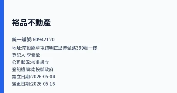 裕品不動產的照片-統編 60942120(南投縣) 公司登記資料與營業項目詳細圖表