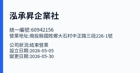 泓承昇企業社的照片-統編 60942156(南投縣) 公司登記資料與營業項目詳細圖表