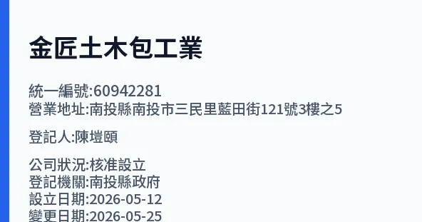 金匠土木包工業的照片-統編 60942281(南投縣) 公司登記資料與營業項目詳細圖表