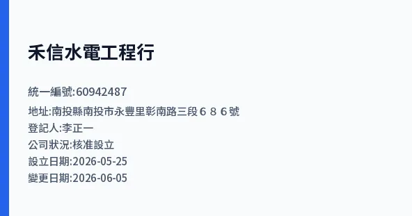 禾信水電工程行的照片-統編 60942487(南投縣) 公司登記資料與營業項目詳細圖表