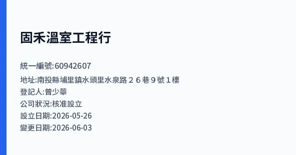 固禾溫室工程行的照片-統編 60942607(南投縣) 公司登記資料與營業項目詳細圖表