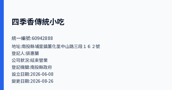 四季香傳統小吃的照片-統編 60942888 公司登記資料與營業項目詳細圖表