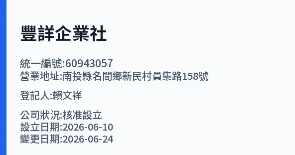 豐詳企業社的照片-統編 60943057(南投縣) 公司登記資料與營業項目詳細圖表